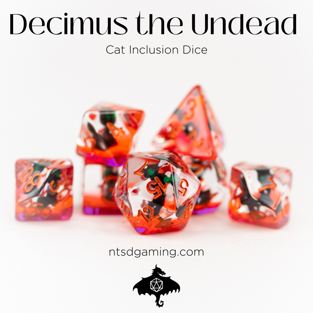 Decimus, the Undead Cat | 7 Piece Acrylic Inclusion Dice Set | Emberglow Gaming