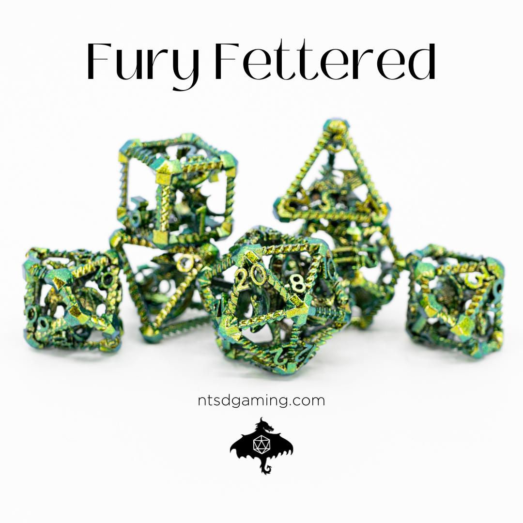 Fury Fettered | Hollow Dragon Core | 7 Piece Metal Dice Set | Emberglow Gaming