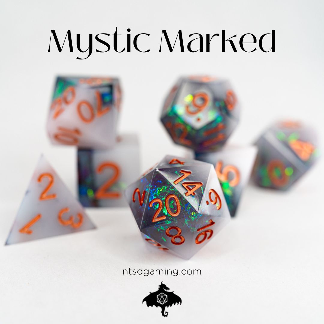 Mystic Marked | 7 Piece Sharp Edge Resin Dice Set | Emberglow Gaming