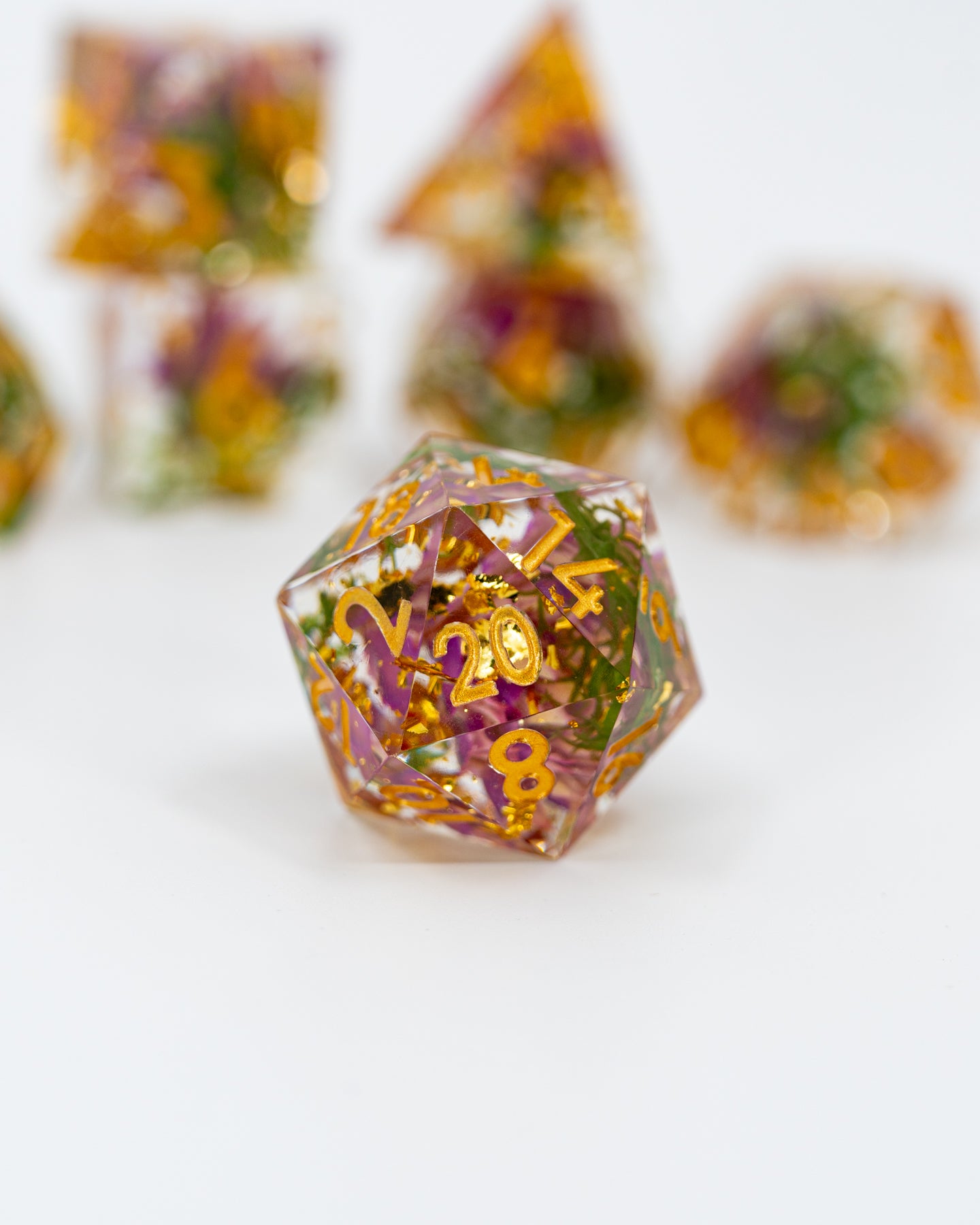 Party Tree | 7 Piece Sharp Edge Resin Inclusion Dice Set – Emberglow Gaming